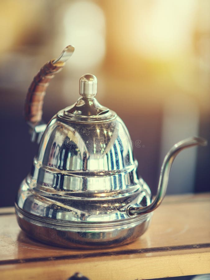Hot Coffee Pot on Wooden Table. Stock Image - Image of filter, barista ...