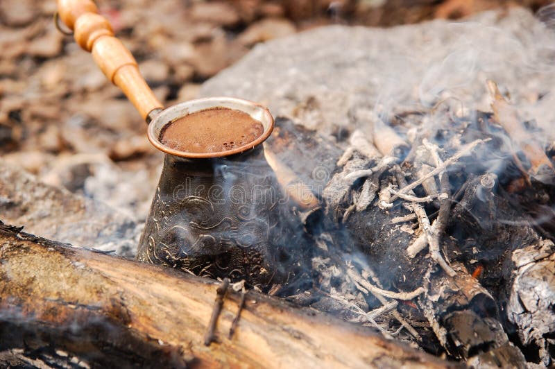 Hot Coffee Prepared in Turk on Open Fire. Closeup. Stock Image - Image ...