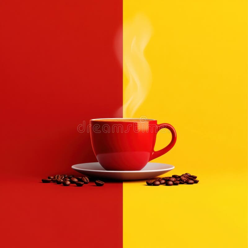 Hot Coffee in a Red Cup with Coffee Beans on Vibrant Background Stock ...