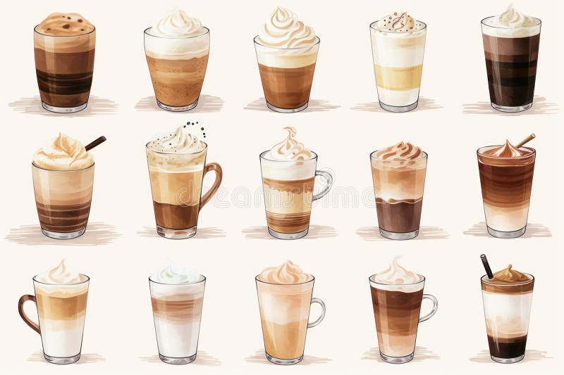 Hot Coffee Types Set, Illustrations. Design for Coffee Shop Menu Stock ...