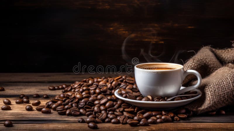 Hot Coffee in a White Coffee Cup and Many Coffee Beans Placed on Table ...