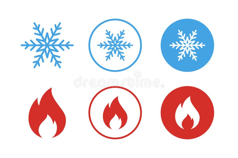 Hot and Cold Vector Flat Icon Set. Snowflake and Fire, Flame Symbols ...