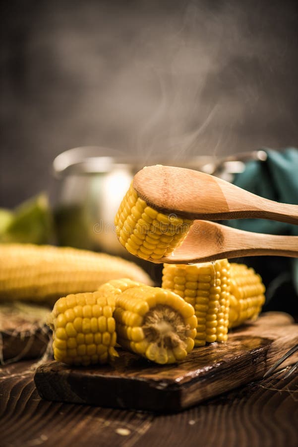 Hot cooked corn on the cob stock image. Image of closeup - 98956275