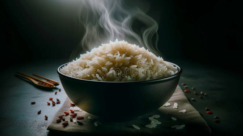 Hot, Cooked Rice with Steam Rising in a Black Bowl on a Dark Background ...