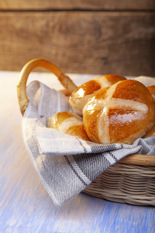 Hot Cross Buns on Basket Top View, Copy Space. Easter Baking Stock ...