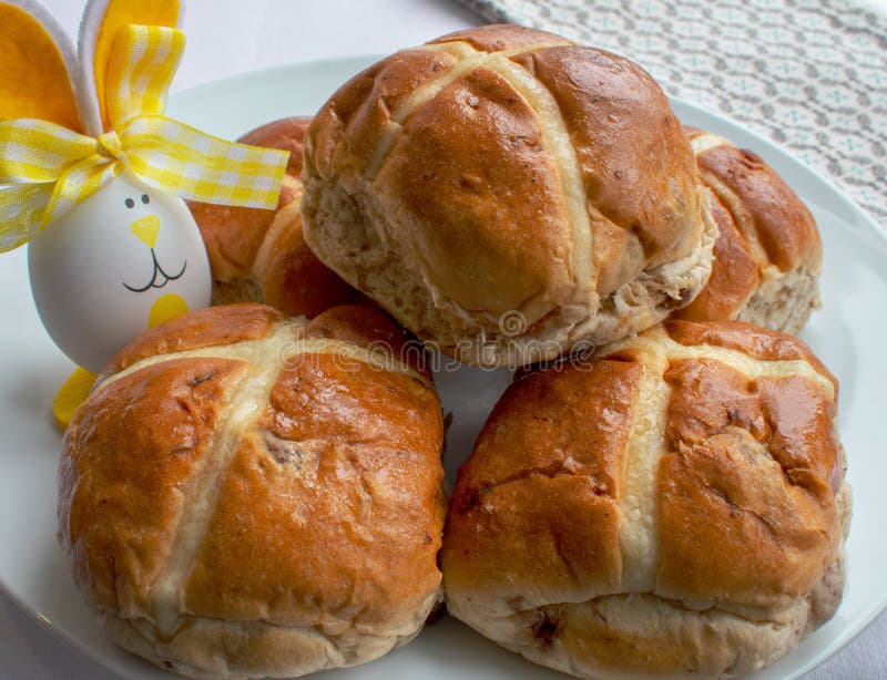 Hot Cross Buns with Easter Decoration Stock Image - Image of raisin ...