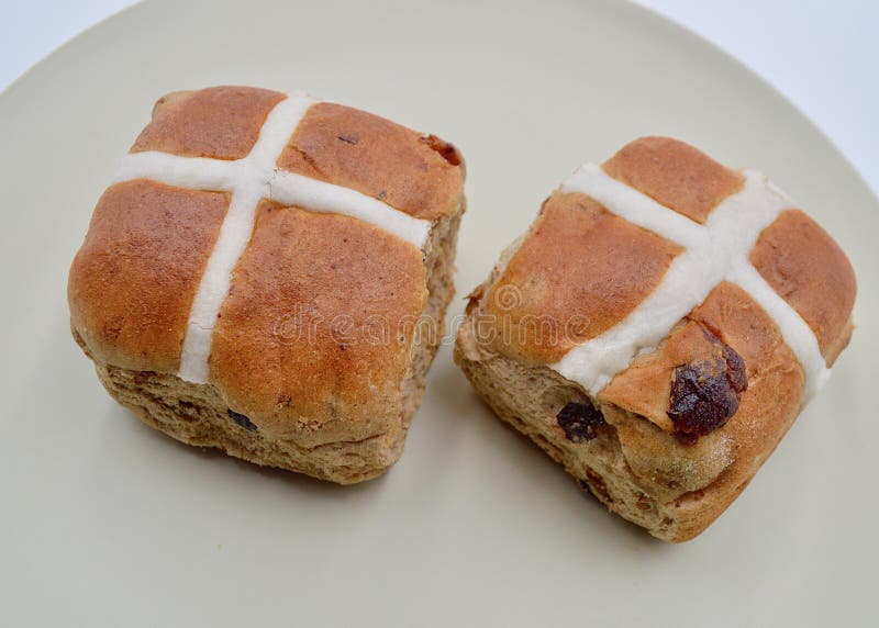 Hot Cross Buns on a Plate Ready To Eat Stock Photo - Image of cross ...