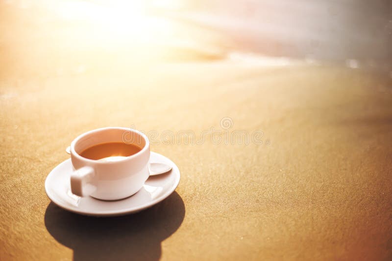 Hot Cup of Coffee on Sand in the Beach. Stock Photo - Image of fresh ...