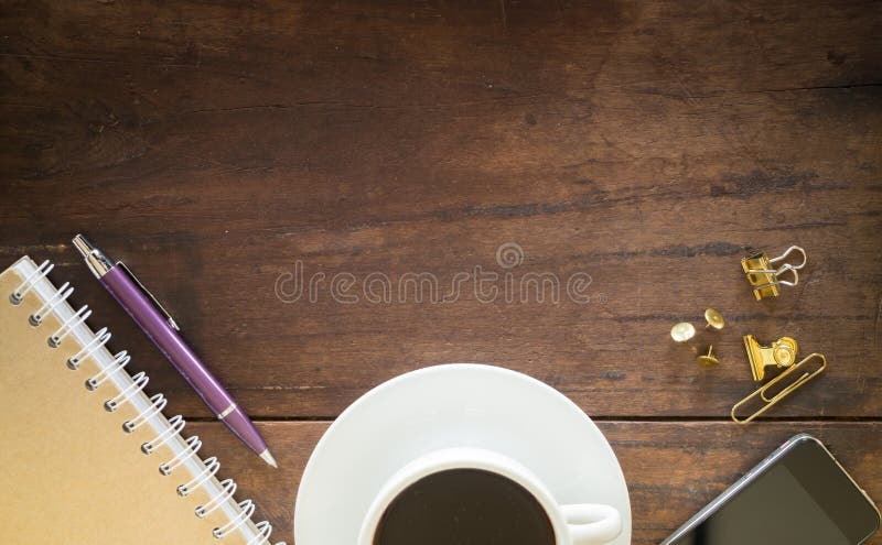Hot Cup of Coffee on Wooden Work Table Stock Photo - Image of wood ...