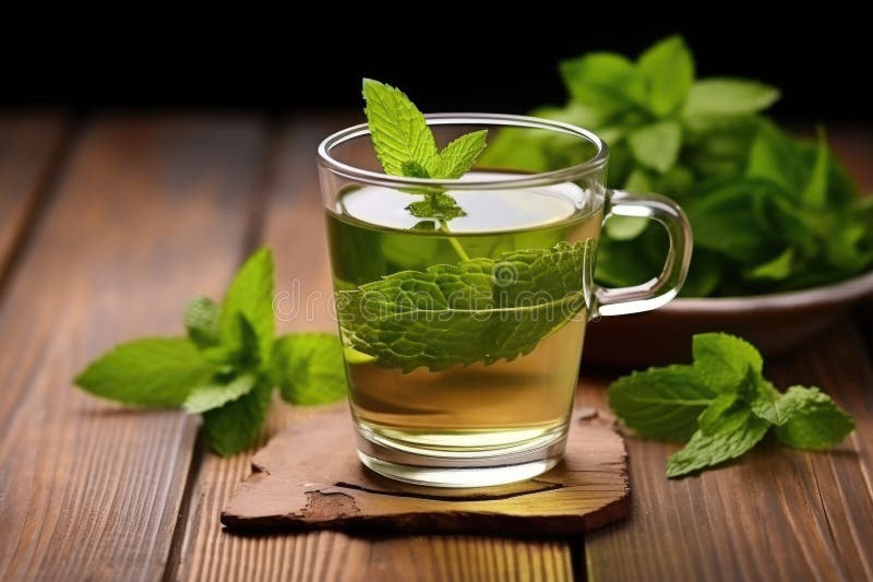 Hot Cup of Peppermint Tea with Fresh Mint Leaves on a Wooden Table ...