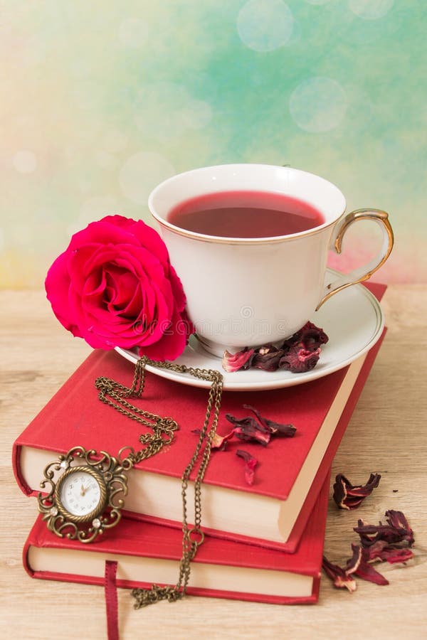 Hot Cup of Red Tea and Books Stock Photo - Image of aromatic, liquid ...