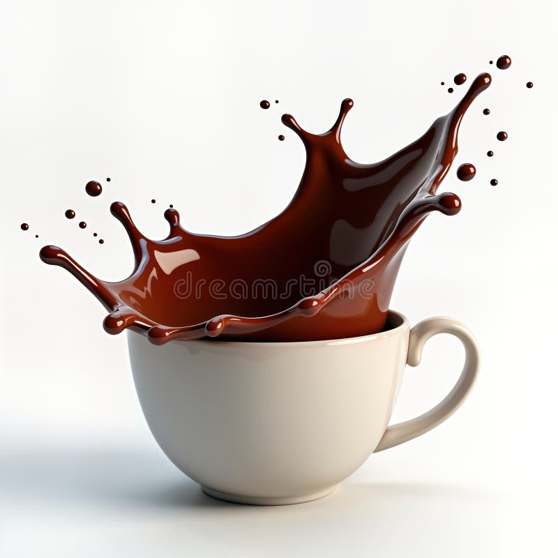 Hot Dark Chocolate Beverage Splashes into White Cup. Liquid Swirls ...