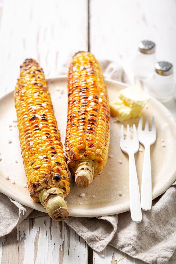 Hot and Delicious Corn from Grill with Butter and Salt Stock Photo ...