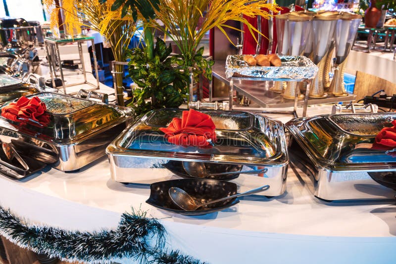 Hot Dishes in Pots on Buffet Table in the Self-service Restaurant at ...