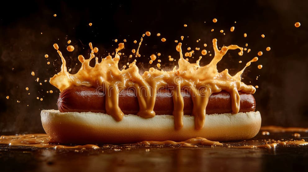 A Hot Dog Covered in Mustard with a Splashing Effect Stock Image ...