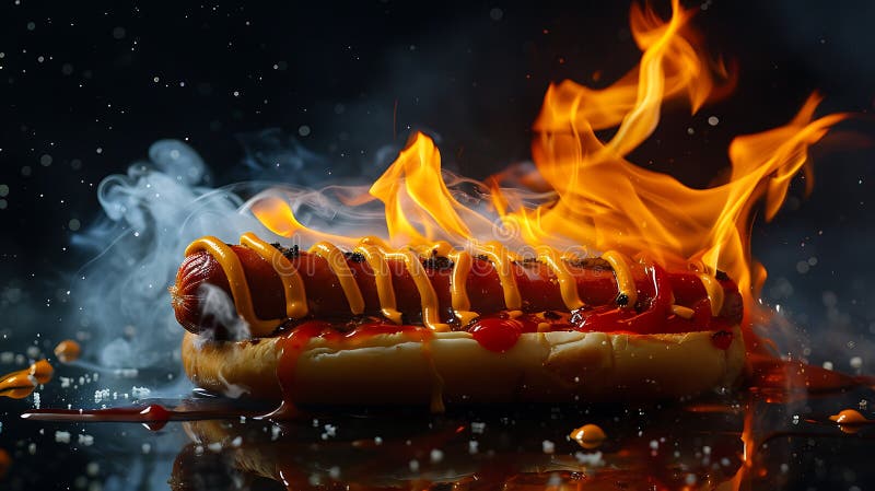 Hot Dog on Fire with Flames and Smoke on a Dark Background. Stock ...