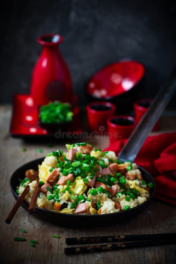 Hot Dog Fried Rice Recipe in the Skillet Stock Photo - Image of meat ...