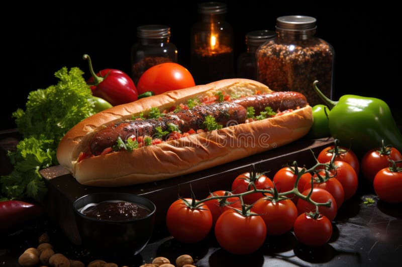 Hot Dog Front View with Cabbage and Potatoes in Mayonnaise with Cucum ...