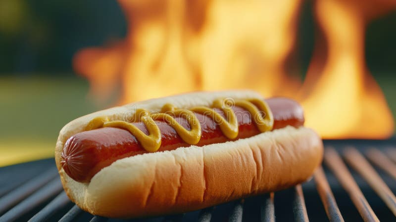 A Hot Dog with Mustard on a Grill in Front of Fire, AI Stock Photo ...