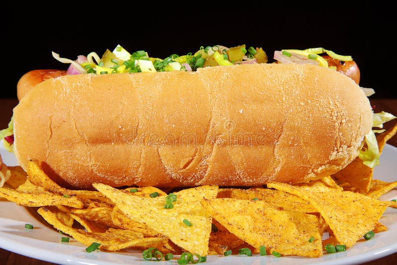 Hot Dog With A Plate Of Nachos Stock Image - Image of cheese, food ...