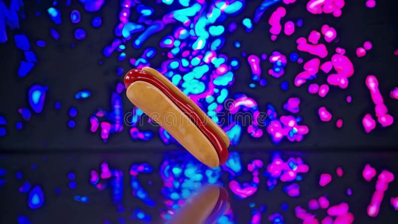 Hot Dog Rotating on Reflective Surface with Neon Background Stock ...