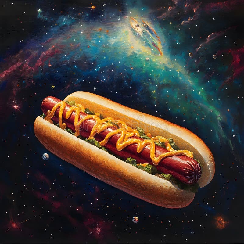 A Hot Dog in the Shape of a Rocket Flies in Outer Space. Space Hot Dog Stock Illustration ...