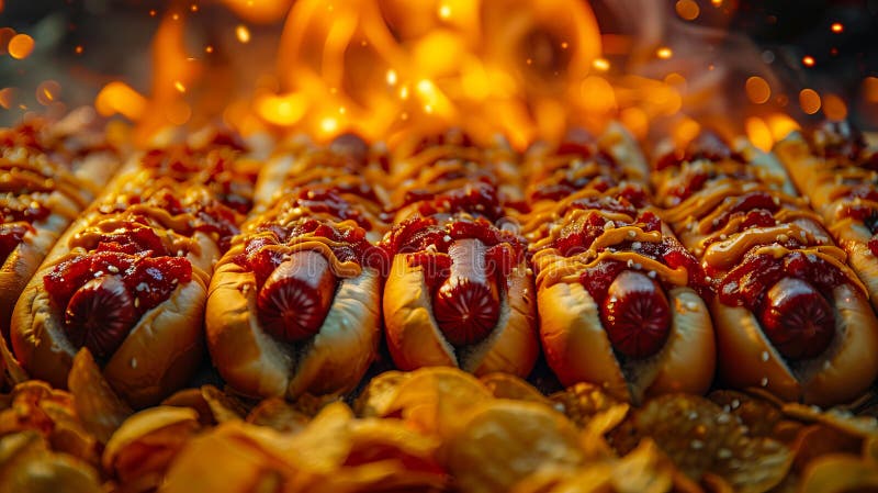 Hot Dogs on a Grill with Chips and Fire Stock Image - Image of ...