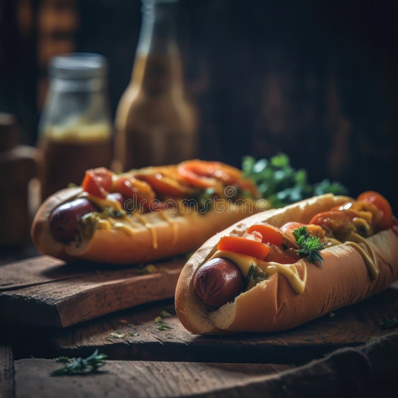 Hot Dogs on Stone in Rustic Pub. Generative AI Stock Illustration ...