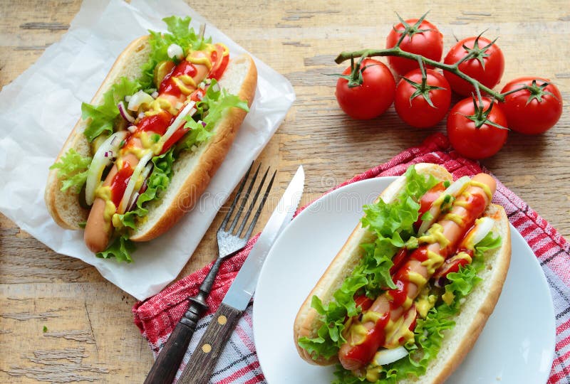 Hot dogs stock photo. Image of tomato, mustard, wood - 44087616
