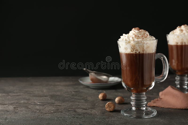 Hot Drink with Nutmeg Powder on Grey Table. Space for Text Stock Image ...