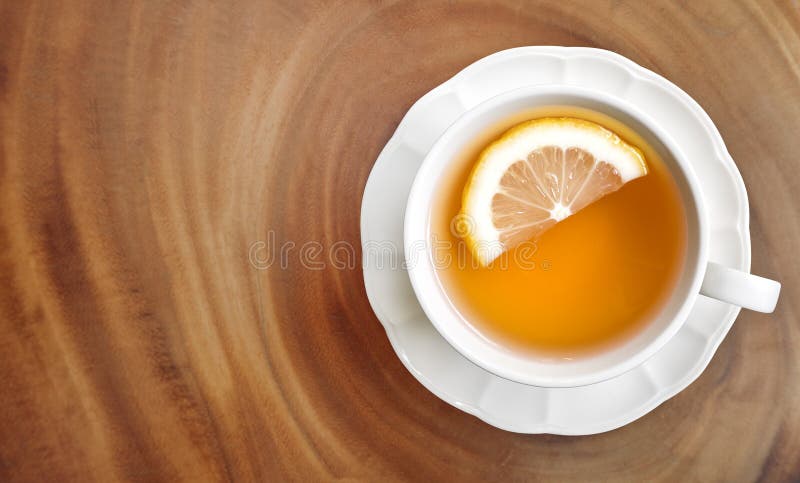 Hot Earl Grey Tea with Lemon Slice Top View on Wood Table Background ...