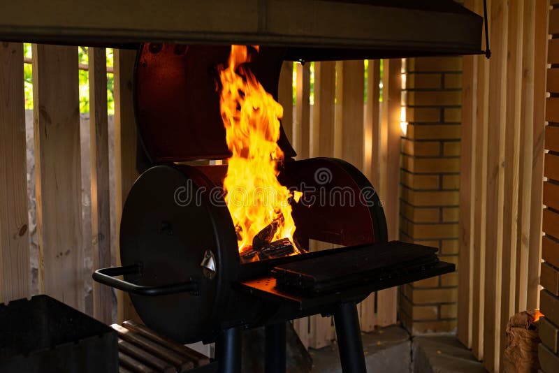 Hot Empty Charcoal BBQ Grill with Bright Flames Stock Photo - Image of ...