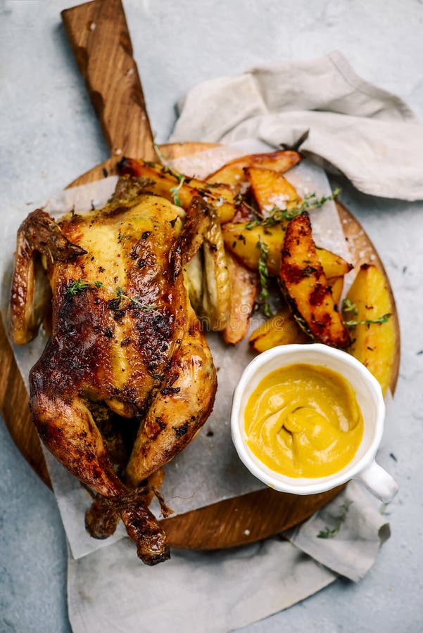 Hot English Mustard Roast Chicken with Potatoes Stock Photo - Image of ...