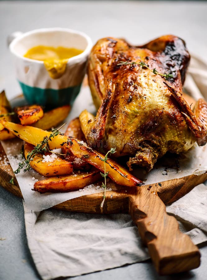 Hot English Mustard Roast Chicken with Potatoes Stock Photo - Image of ...