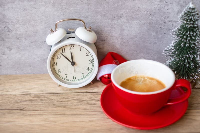 Hot Espresso Coffee and Vintage Clock on Table, Red Coffee Cup in Cafe ...