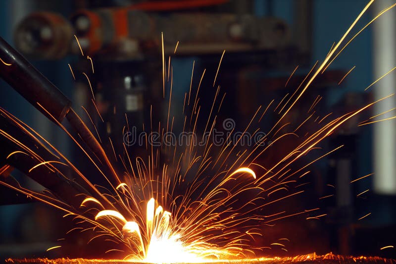 Hot Fiery Spray Flying from Metal during Welding Process. Stock ...