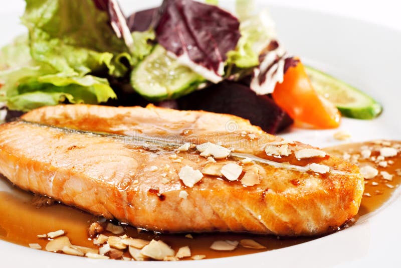 Hot Fish Dishes - Salmon Steak Stock Photo - Image of dish, salad: 13634042