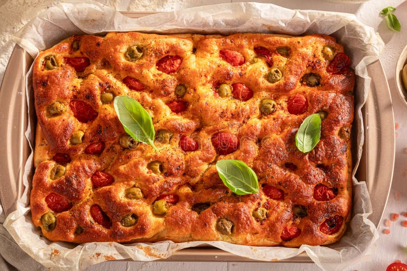 Hot Focaccia Baked in a Rectangular Baking Tray Stock Image - Image of ...