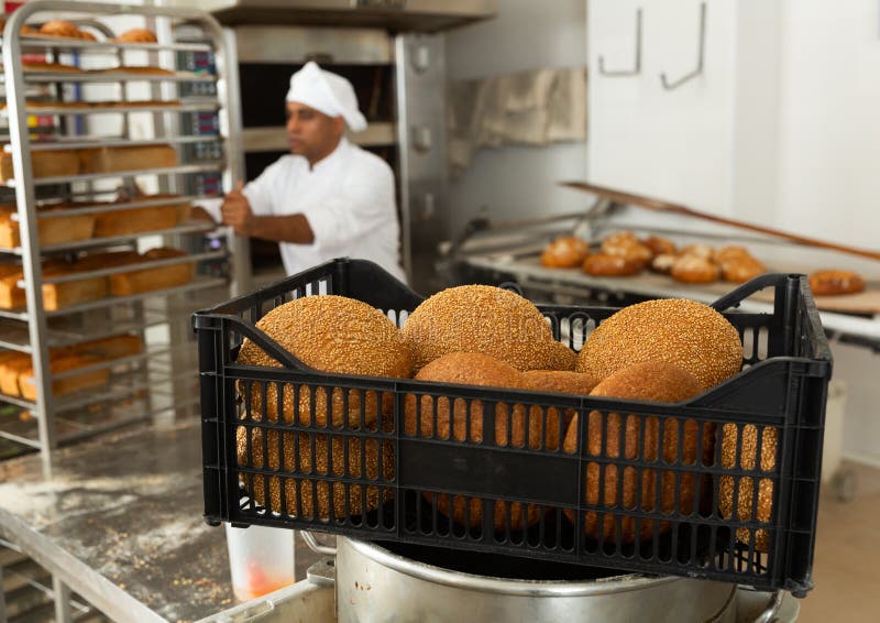Hot Fresh Bread in the Bakery in Box Stock Image - Image of industrial ...