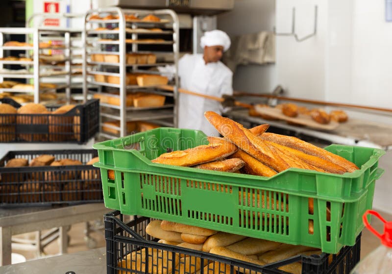 Hot Fresh Bread in the Bakery in Box Stock Photo - Image of cooking ...