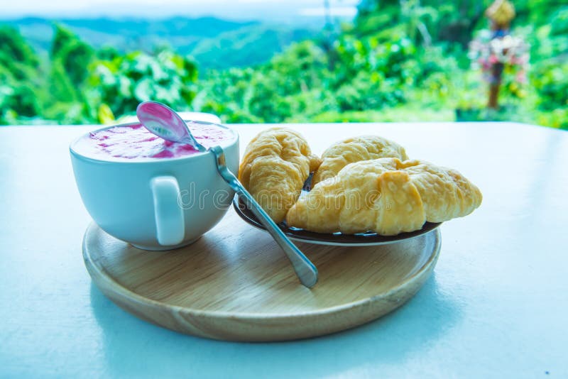 Hot Fresh Milk with Fresh Croissants on White Table Stock Photo - Image ...