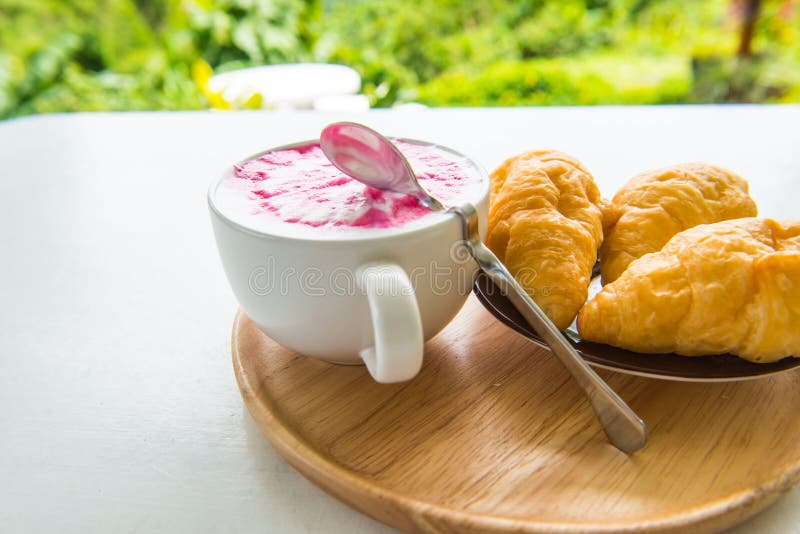 Hot Fresh Milk with Fresh Croissants on White Table Stock Photo - Image ...