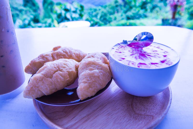 Hot Fresh Milk with Fresh Croissants on White Table Stock Image - Image ...