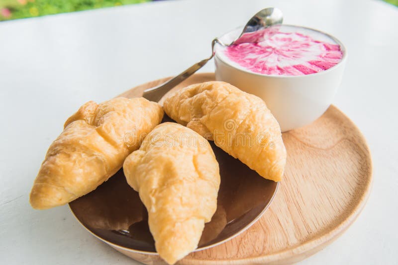 Hot Fresh Milk with Fresh Croissants on White Table Stock Image - Image ...