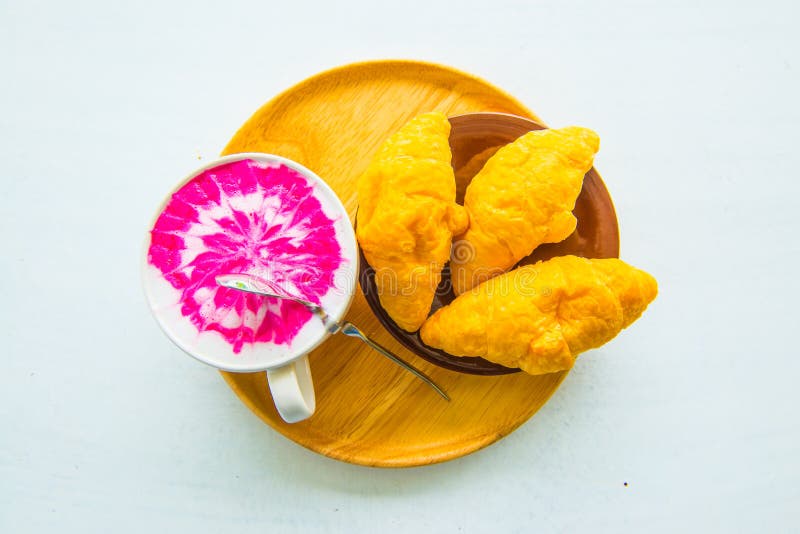 Hot Fresh Milk with Fresh Croissants on White Table Stock Photo - Image ...