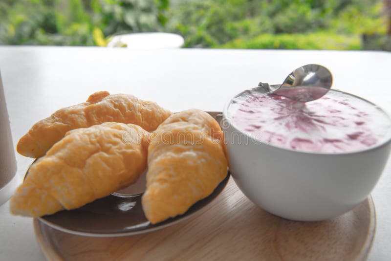 Hot Fresh Milk with Fresh Croissants on White Table Stock Image - Image ...