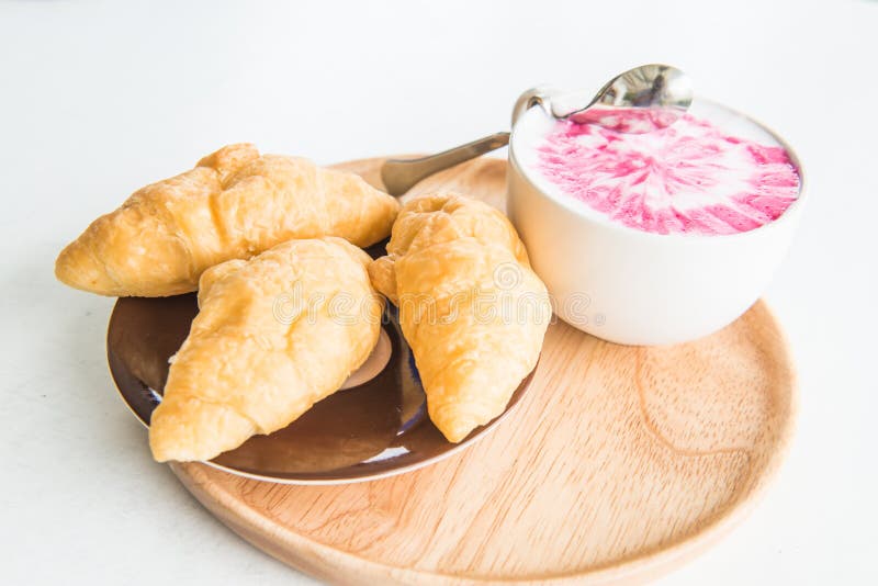 Hot Fresh Milk with Fresh Croissants on White Table Stock Image - Image ...