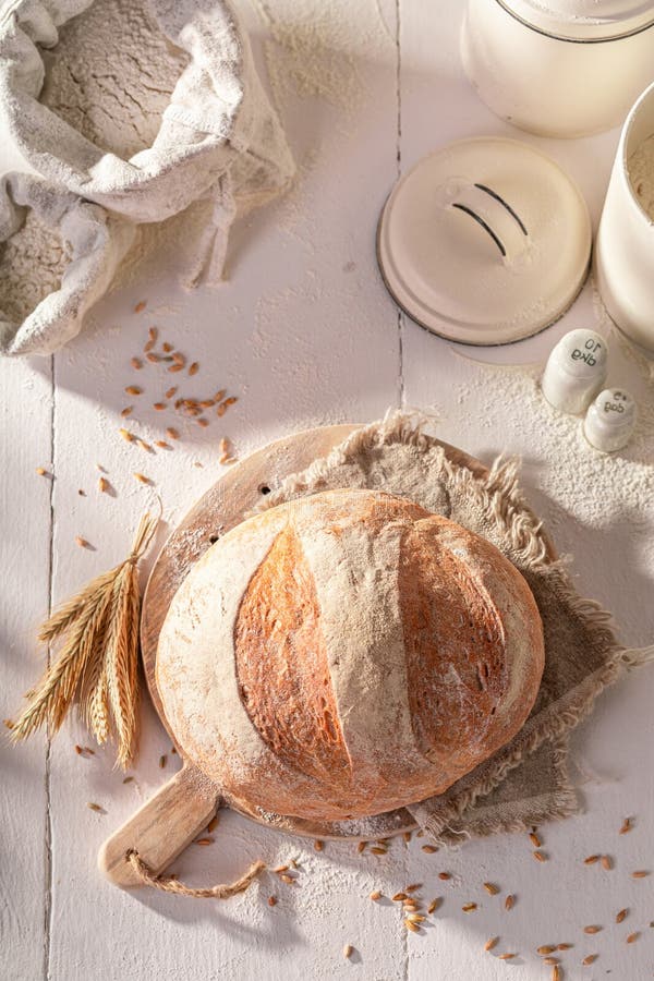 Hot and Fresh Round Loaf Bread Baked in Home Bakery Stock Photo - Image ...