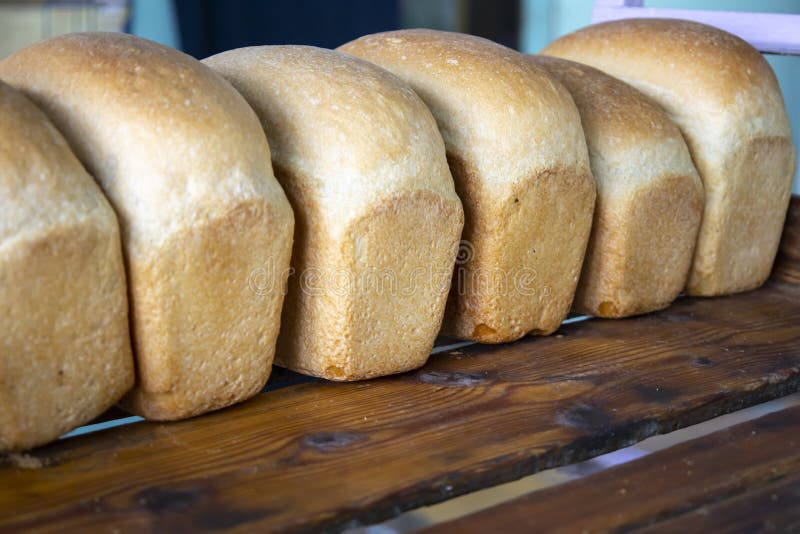 Hot Freshly Cooked Bread is Placed in Trays in the Bakery. Stock Photo ...