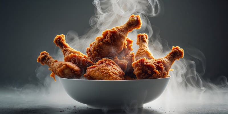 Hot Fried Chicken in Bowl with Steam on Dark Background. Stock Image ...
